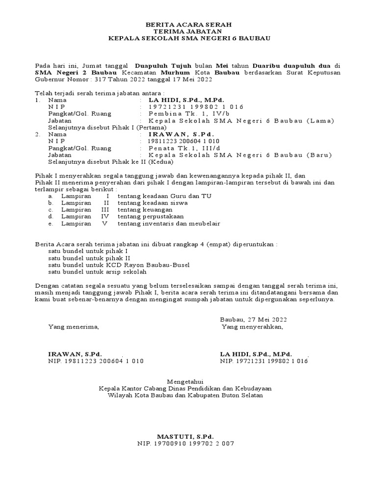 Berita Acara Sertijab Kepala Sekolah - Sman 6 | PDF