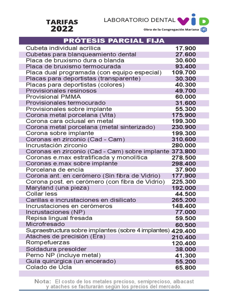 Tarifas Lab Dental 2022 1 | PDF | Dentadura postiza | Ramas de Odontología