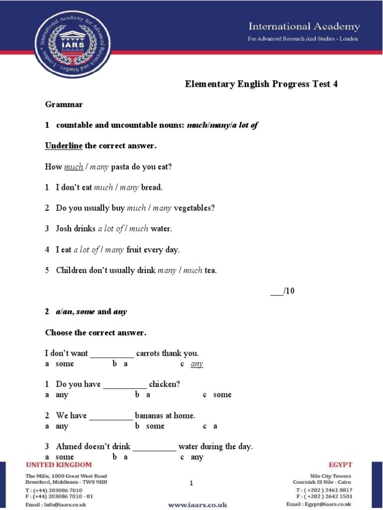 Elementary English Progress Test 4 | PDF | Lunch | Hamburgers