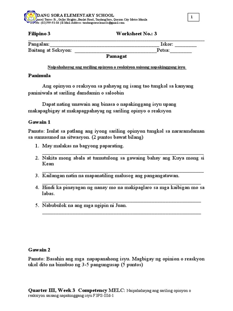 Filipino 3 Q3W3 Worksheets | PDF