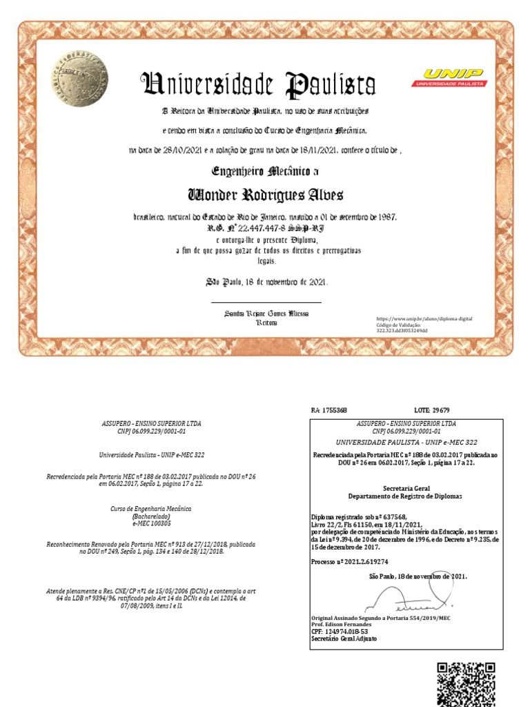 Diploma de Engenheiro Mecânico - UNIP | PDF