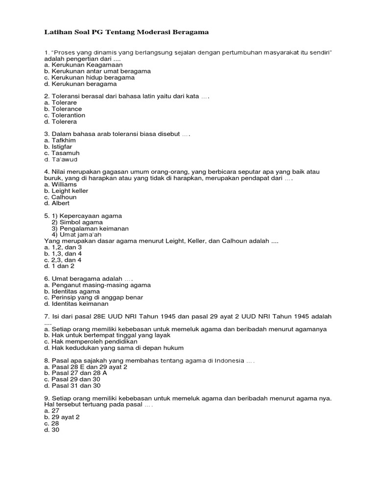 Latihan Soal PG Tentang Moderasi Beragama | PDF
