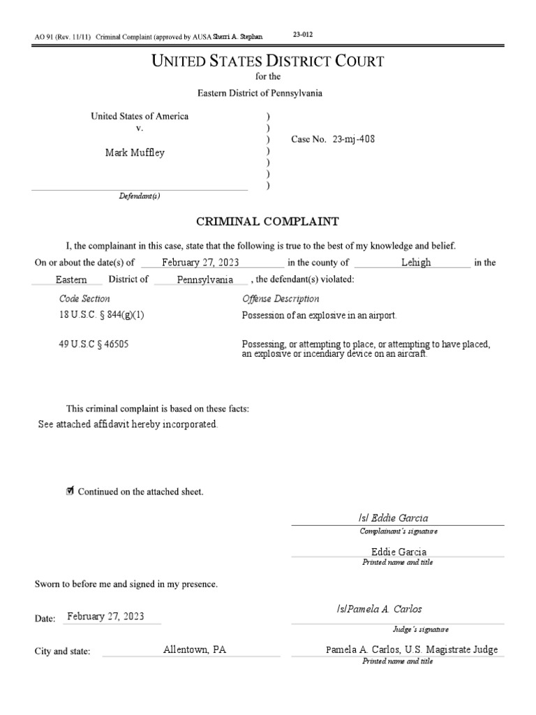 Muffley Complaint Warrant Affidavit | PDF | Federal Bureau Of ...