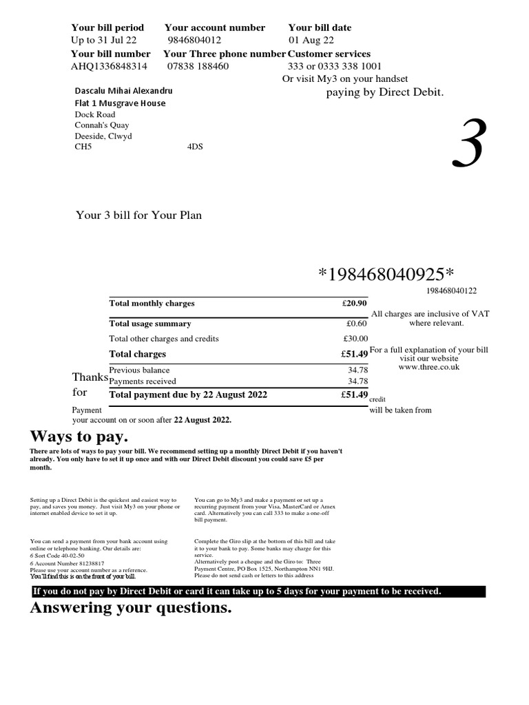 My3 Account Bill Overview | PDF | Debit Card | Payments