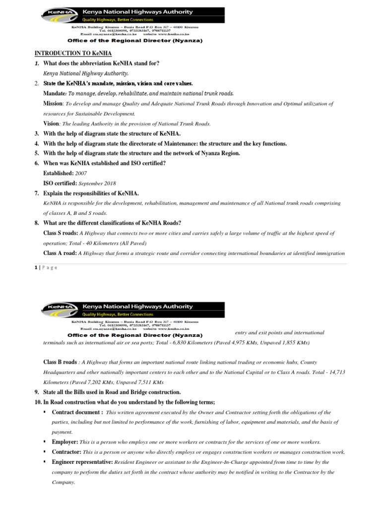 Assignment 1 - Introduction To KeNHA | PDF | Employment | Road