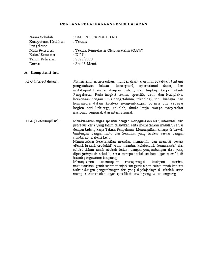 RPP Pengelasan Oaw Kelas Xi | PDF