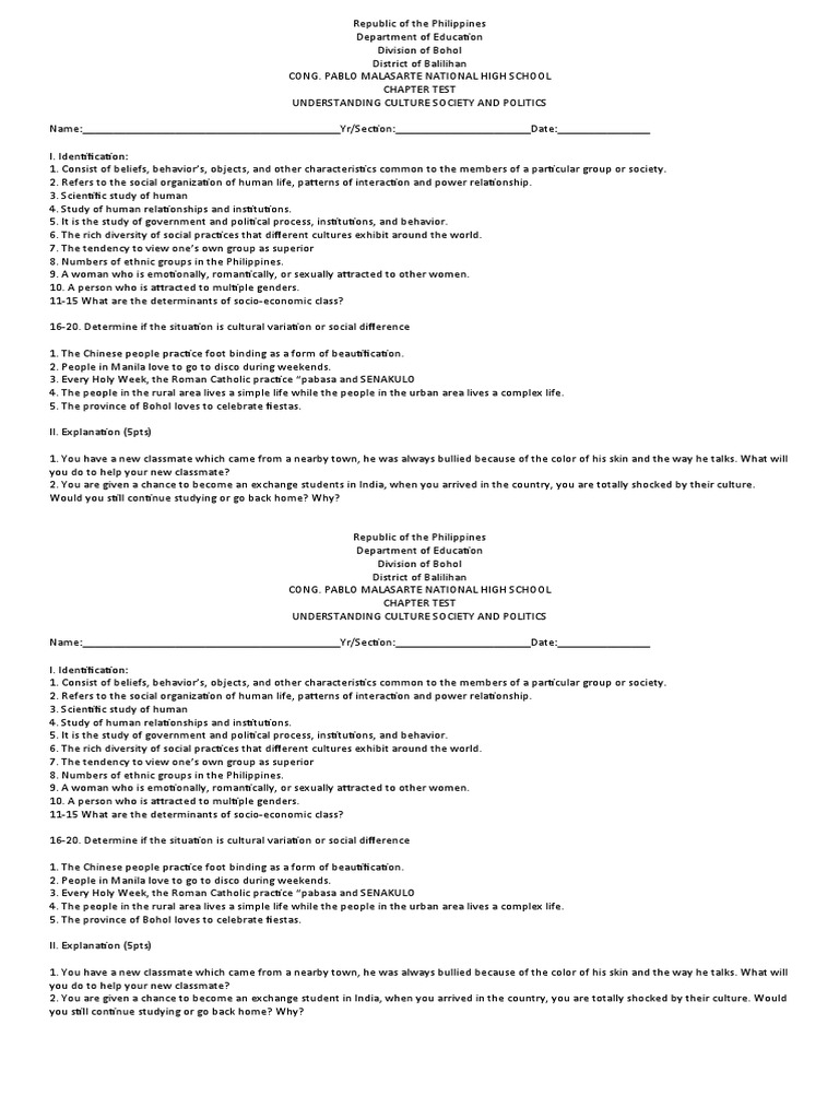 Understanding Culture, Society, and Politics: A Chapter Test on Key ...