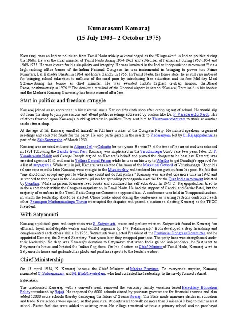Kumarasami Kamaraj | PDF | Politics Of India | Independent India