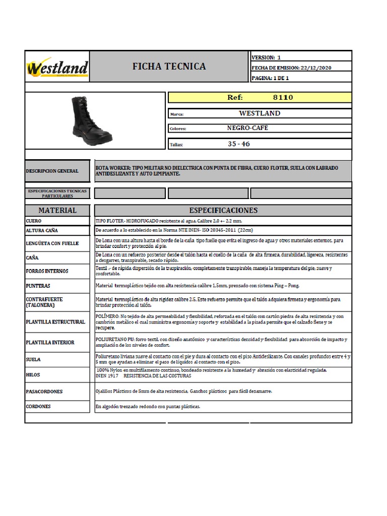 Ficha Tecnica Botas Worked Westland | PDF