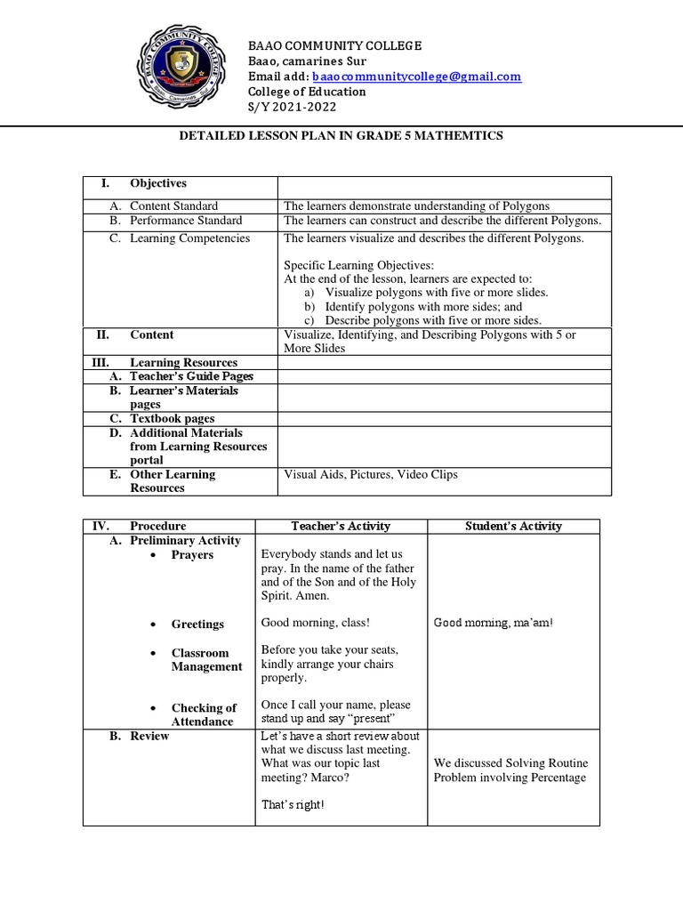 Grade 5 Polygons Lesson Plan | PDF | Polygon | Lesson Plan