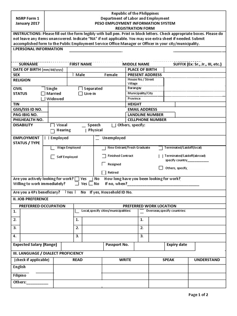 NSRP Form 1 Jobseeker Reg Form Editable PDF | PDF
