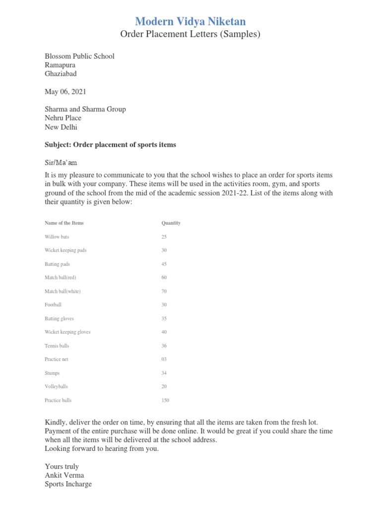 Order Letter Samples | PDF