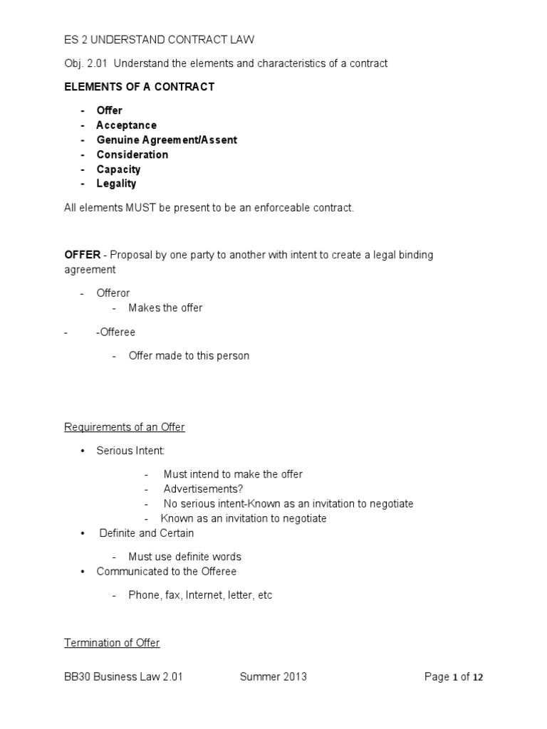 Bb30 2 01 Notes Organizer Understand Contract Law Pdf Offer And Acceptance Consideration