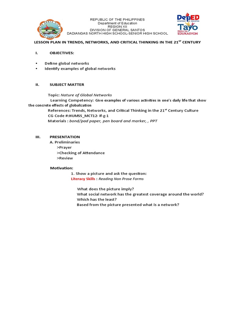 Lesson Plan In Trends Networks And Critical Thinking In 21st Century