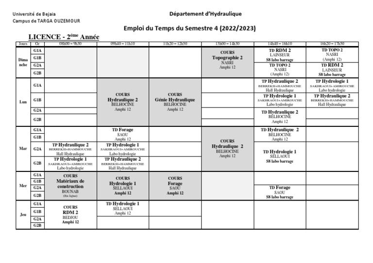 Emploi Du Temps L2-S2-2022-2023 | PDF