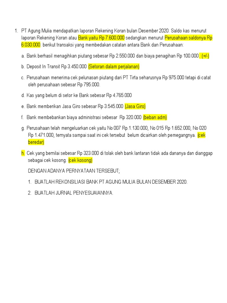 Rekonsiliasi Bank PT Agung Mulia - Uts | PDF
