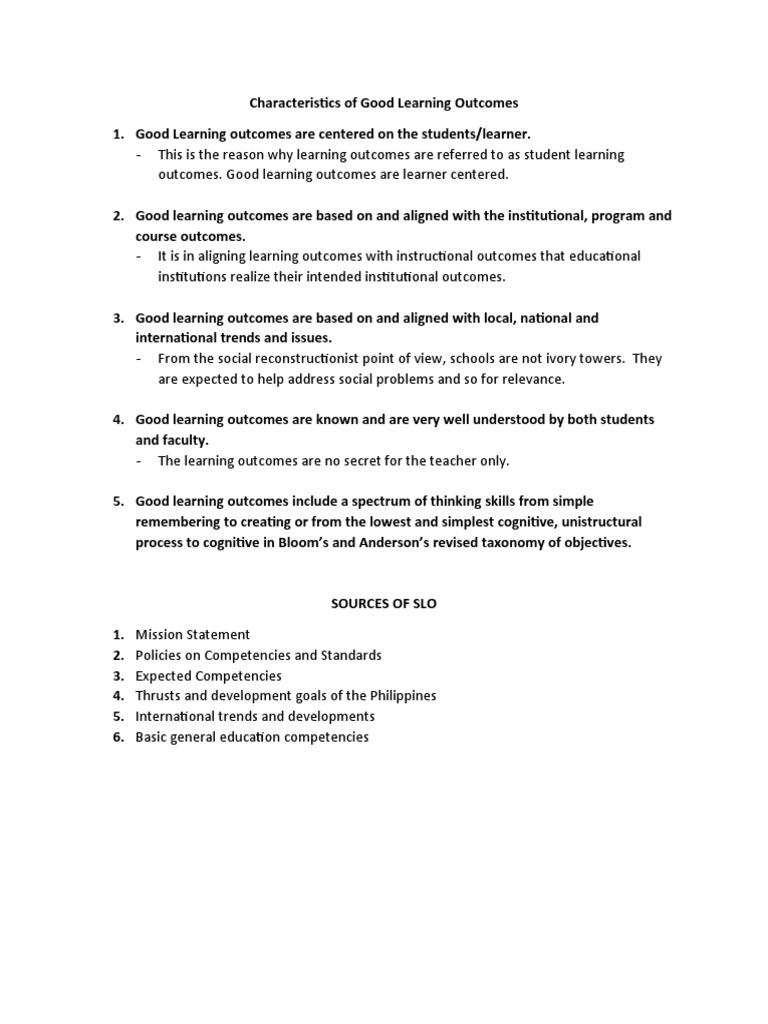 Characteristics of Good Learning Outcomes | PDF