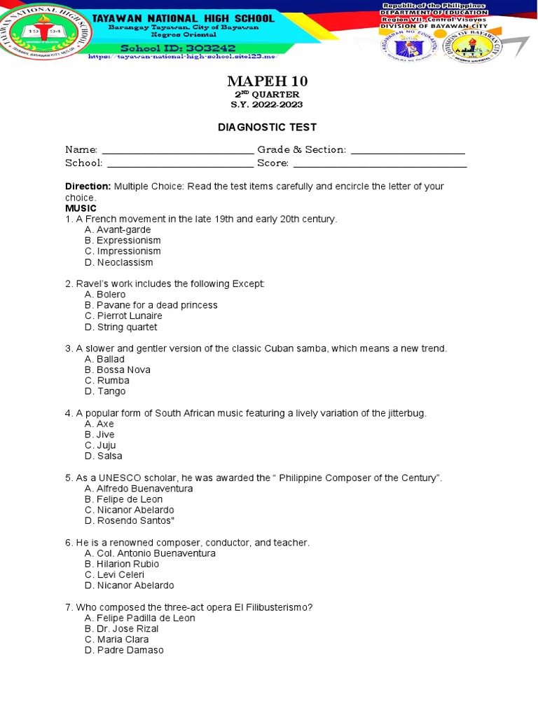 Diagnostic Test in MAPEH 10 | PDF | Physical Fitness | Foods
