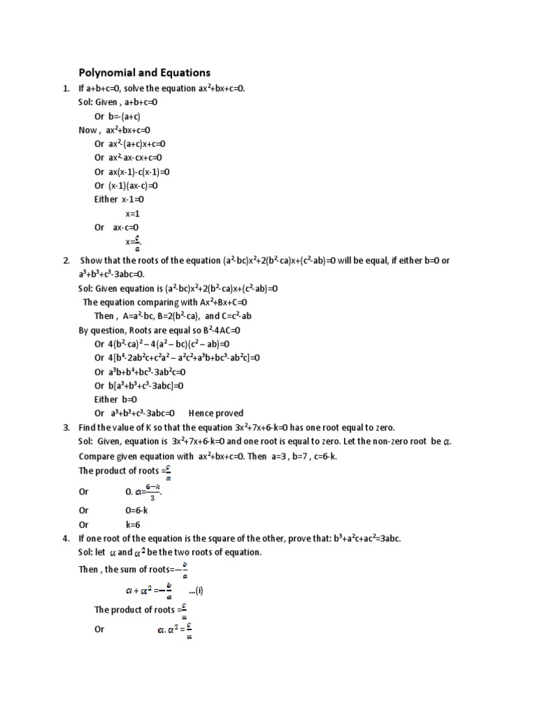 Quadratic Equation Questions With Solutions Class 12 1 | PDF ...