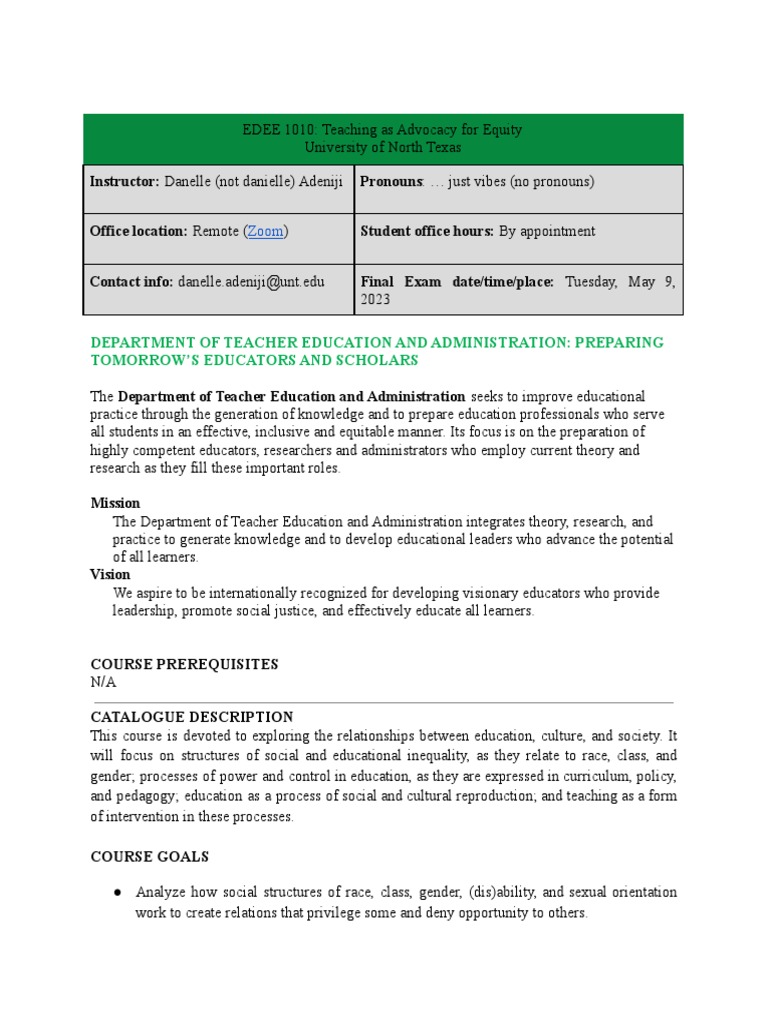 University of North Texas 'Teaching As Advocacy For Equity' Syllabus ...
