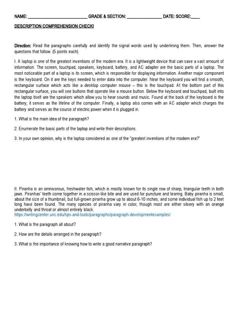 Descriptive Writing Quiz Pdf 9331