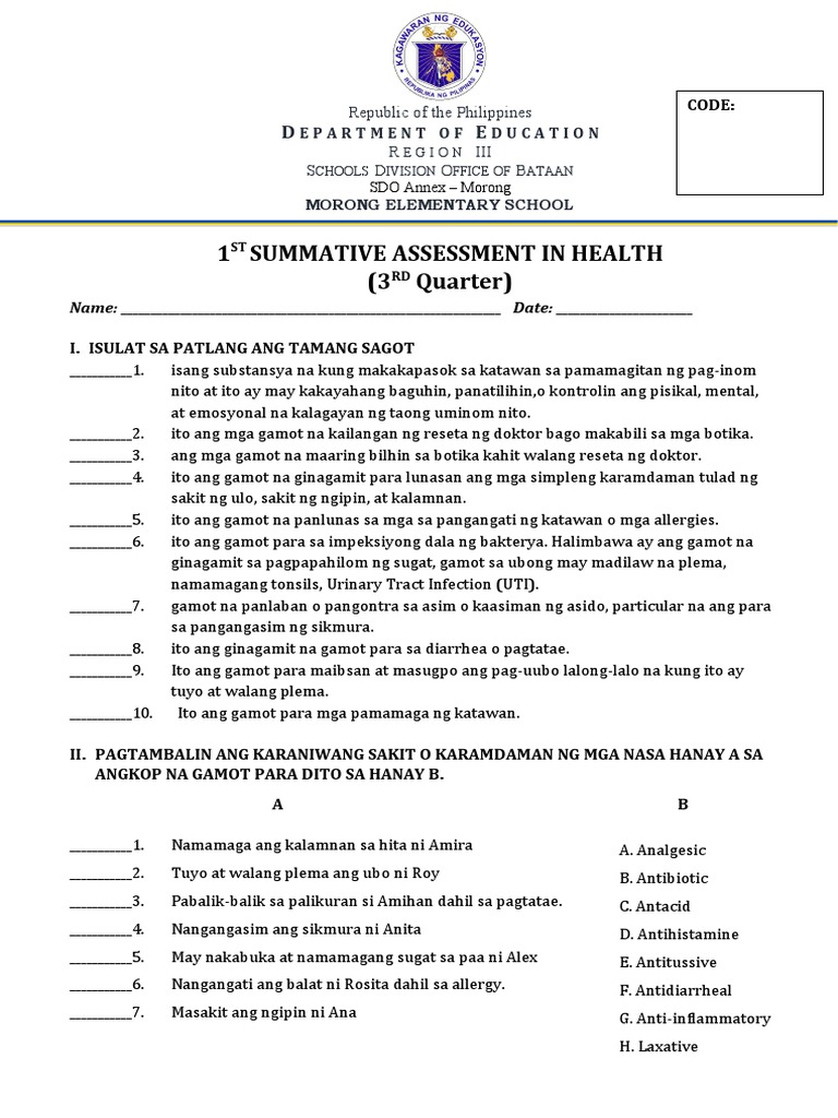 Health - 1ST Summative | PDF