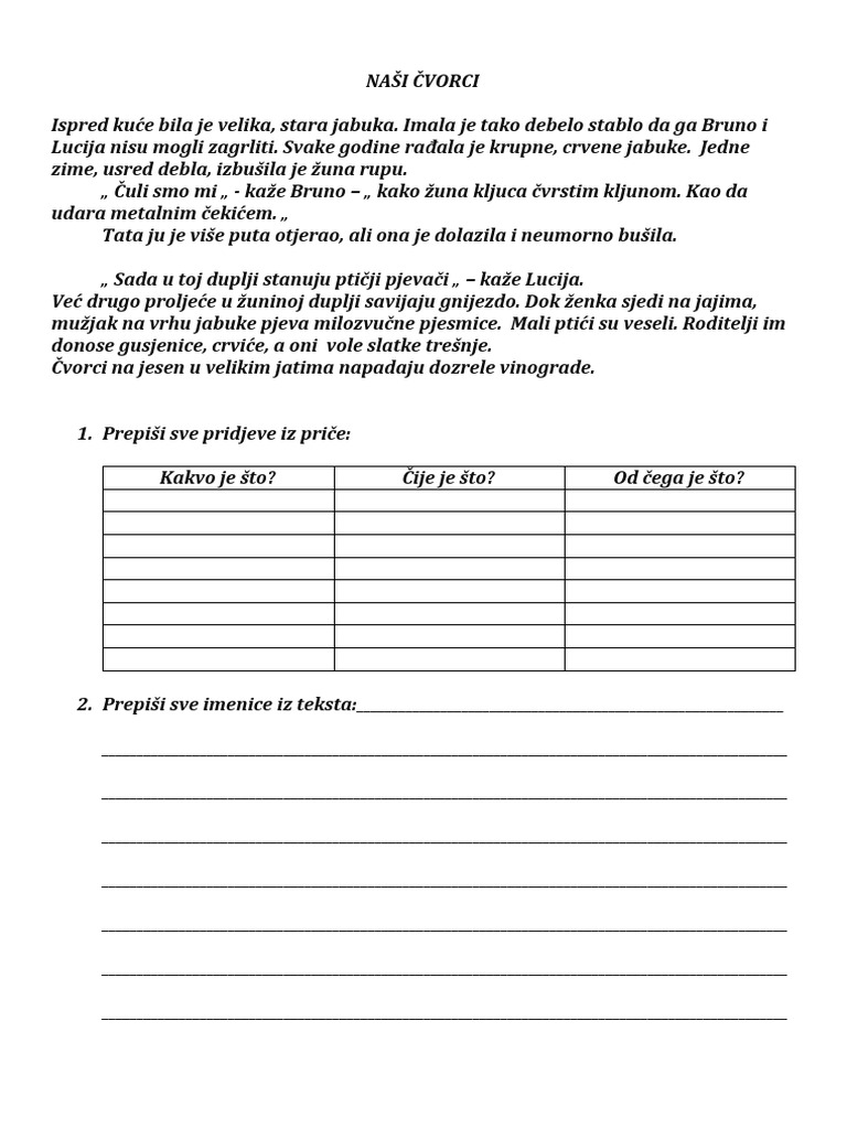 NAŠI ČVORCI Imenice, Glagoli, Pridjevi | PDF