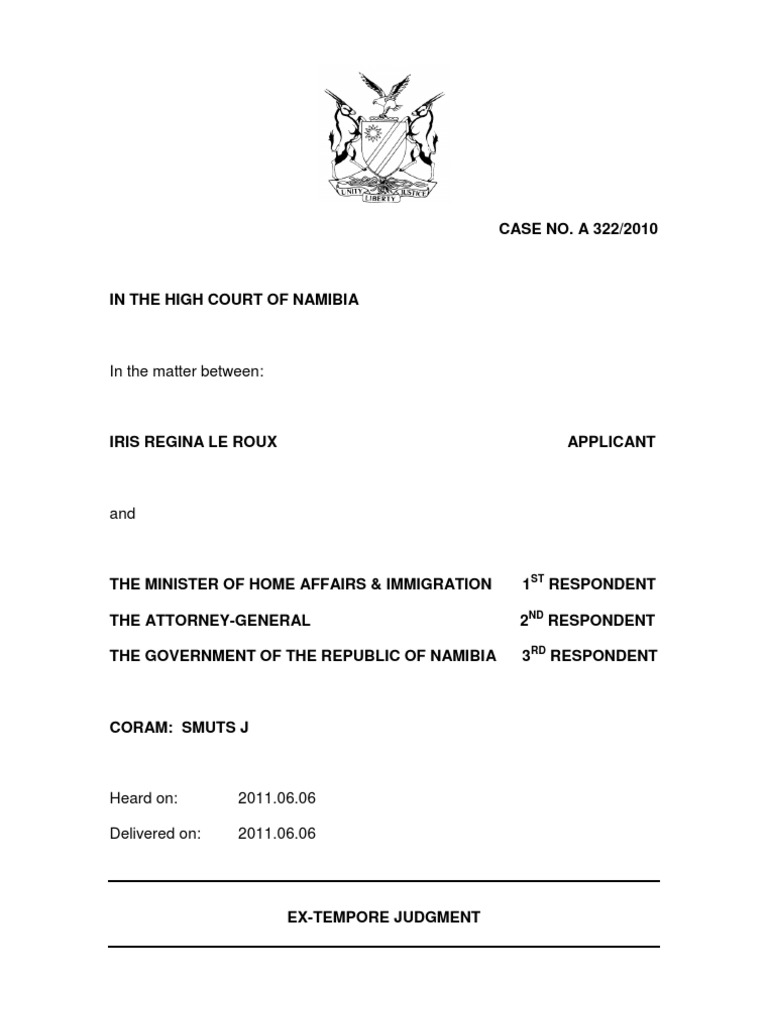Iris Regina Le Roux V The Minister of Home Affairs and Immigration ...