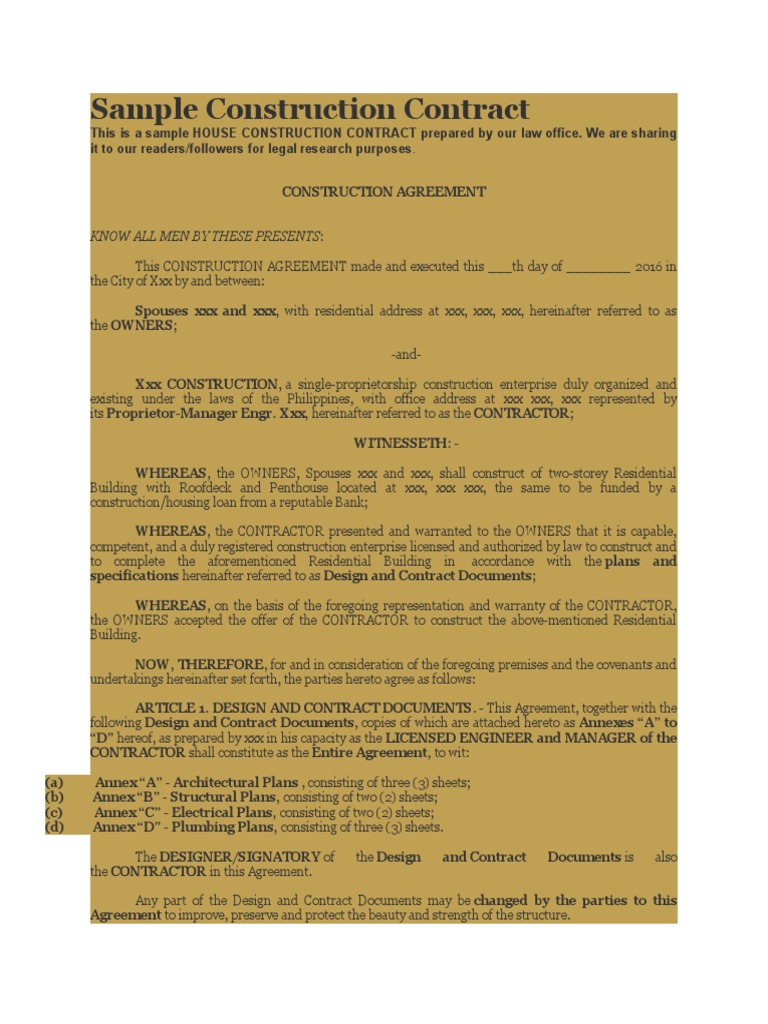 Sample Construction Contract | PDF | Employment | Insurance