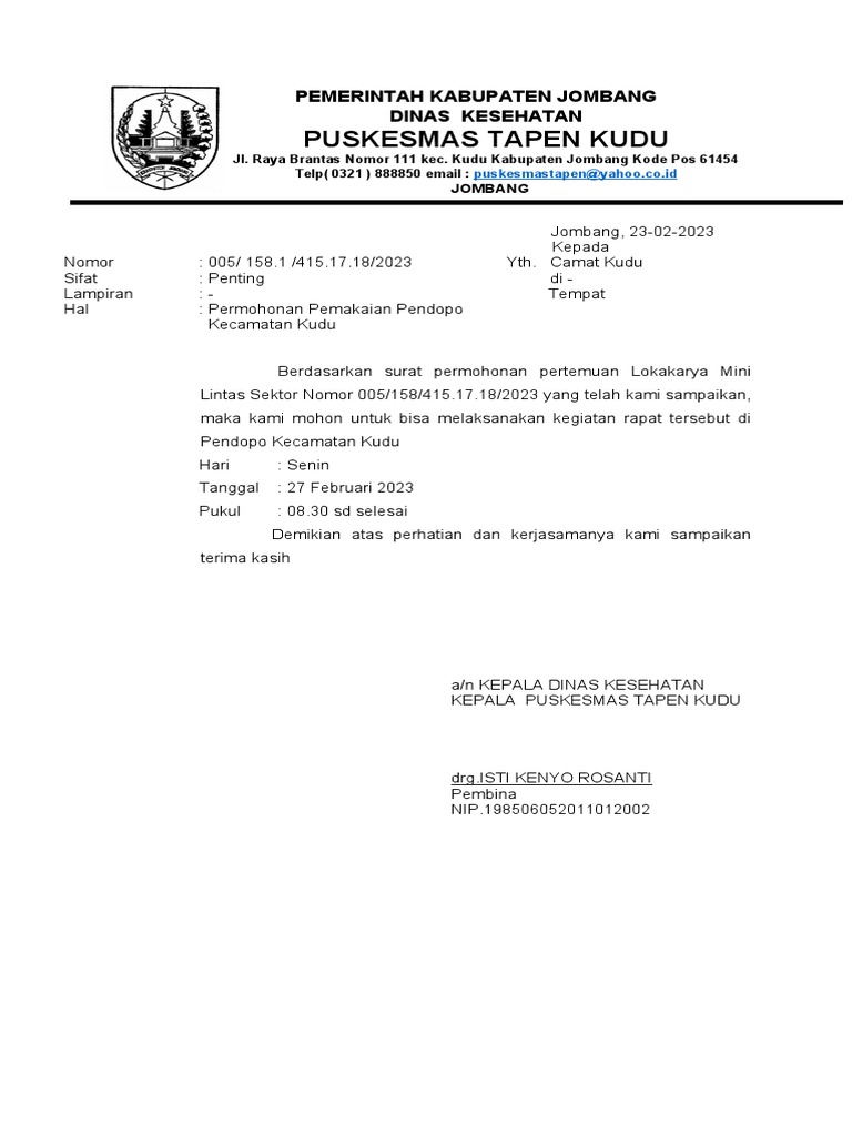 Surat Pinjam Tempat Pendopo Kec - Kudu | PDF