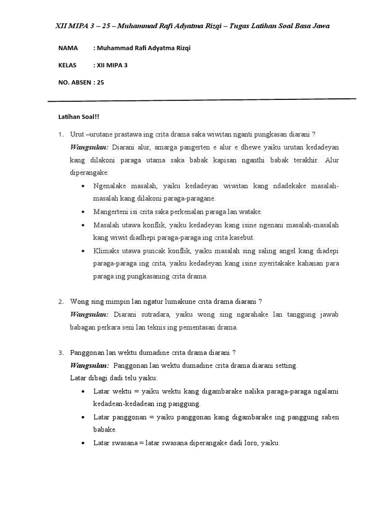 XII MIPA 3 - 25 - Muhammad Rafi Adyatma Rizqi - Tugas Basa Jawa - LATIHAN SOAL BJ BABAGAN DRAMA ...