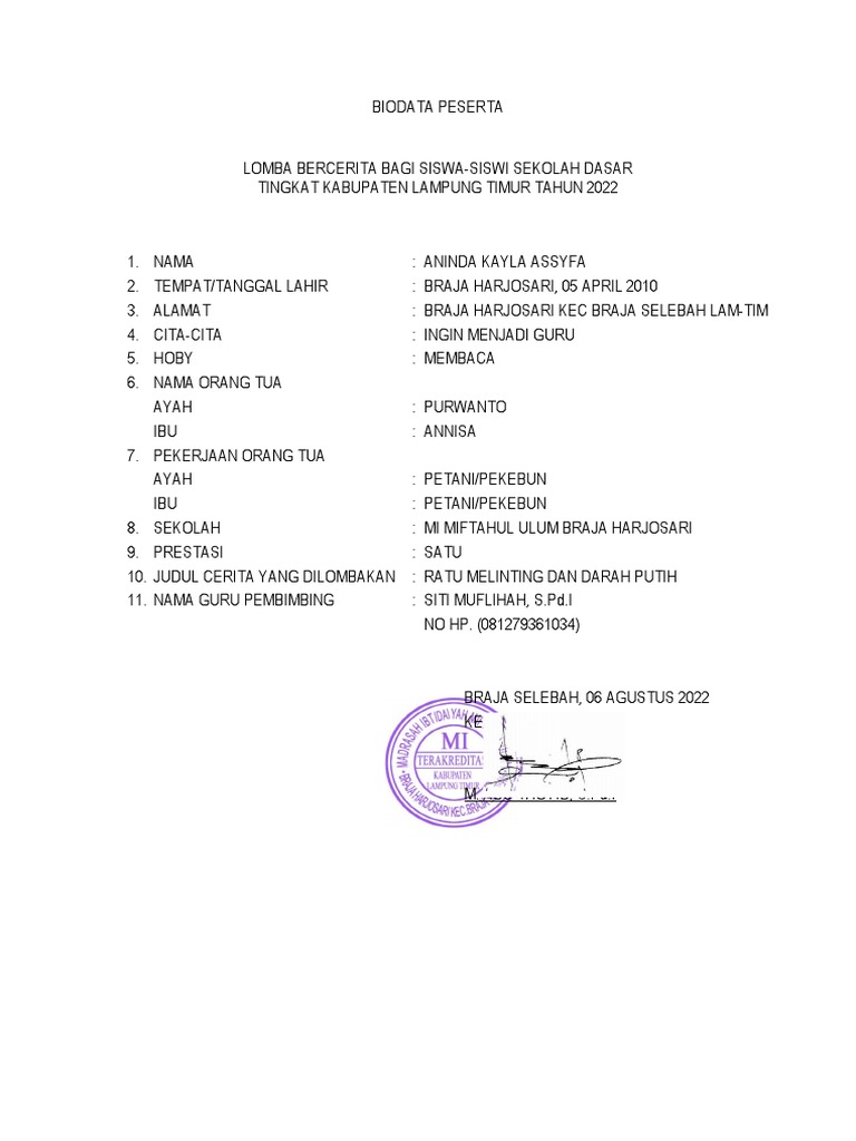 Biodata Peserta Lomba Cerita | PDF