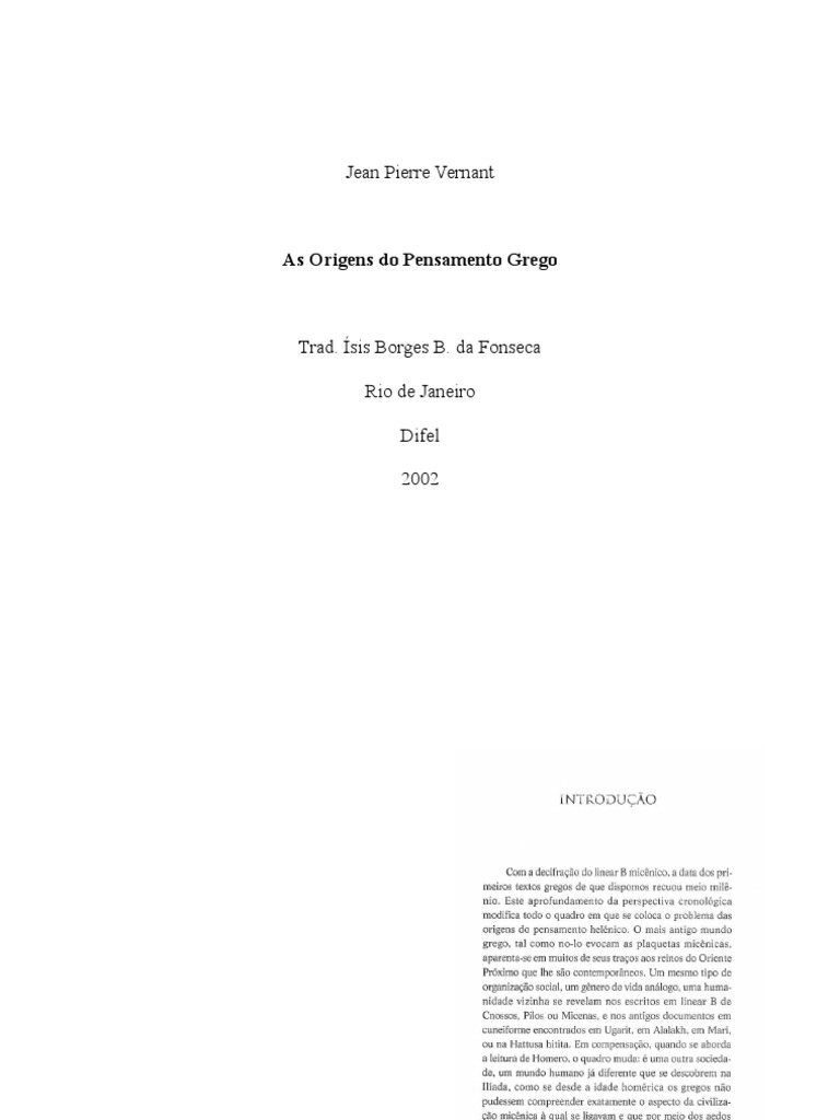 VERNANT, Jean-Pierre. As Origens Do Pensamento Grego | PDF