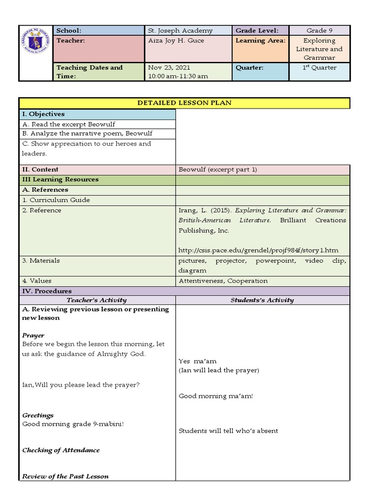 Lessonplan English9-1 | PDF | Beowulf