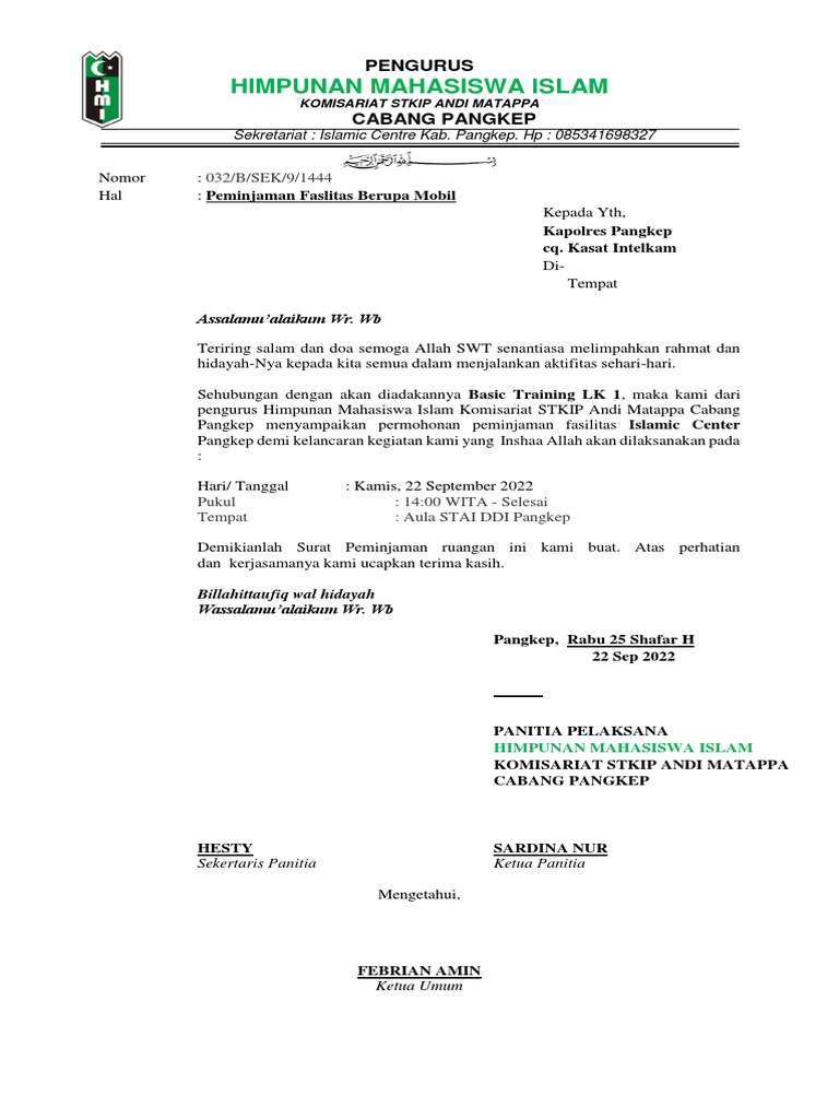 Permohonan Peminjaman Mobil HMI Pangkep | PDF