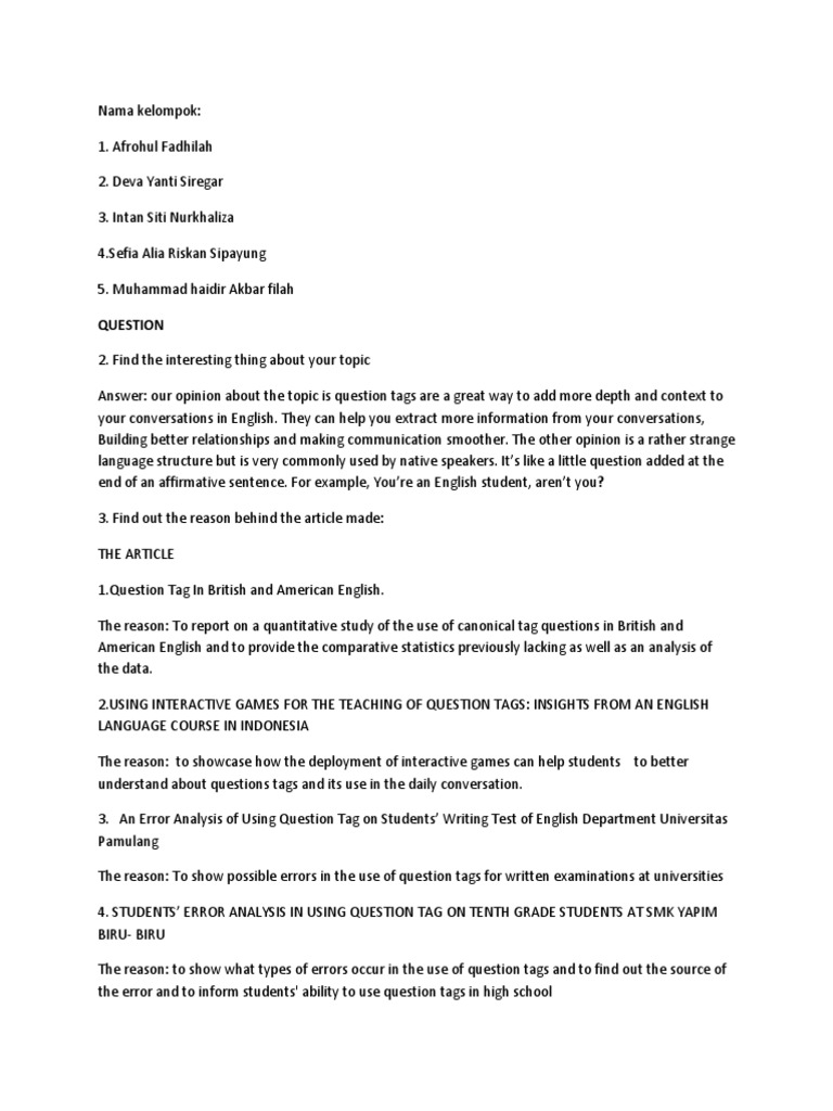 Structure Kel 6 Question Tag | PDF | Question | English Language