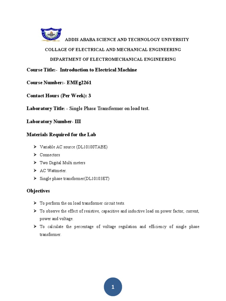 Addis Ababa University Single-Phase Transformer Test | PDF ...