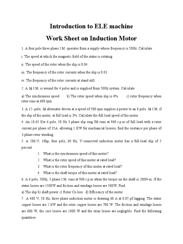 Introduction To ELE Machine Work Sheet On Induction Motor | PDF | Electric Motor | Electrical ...