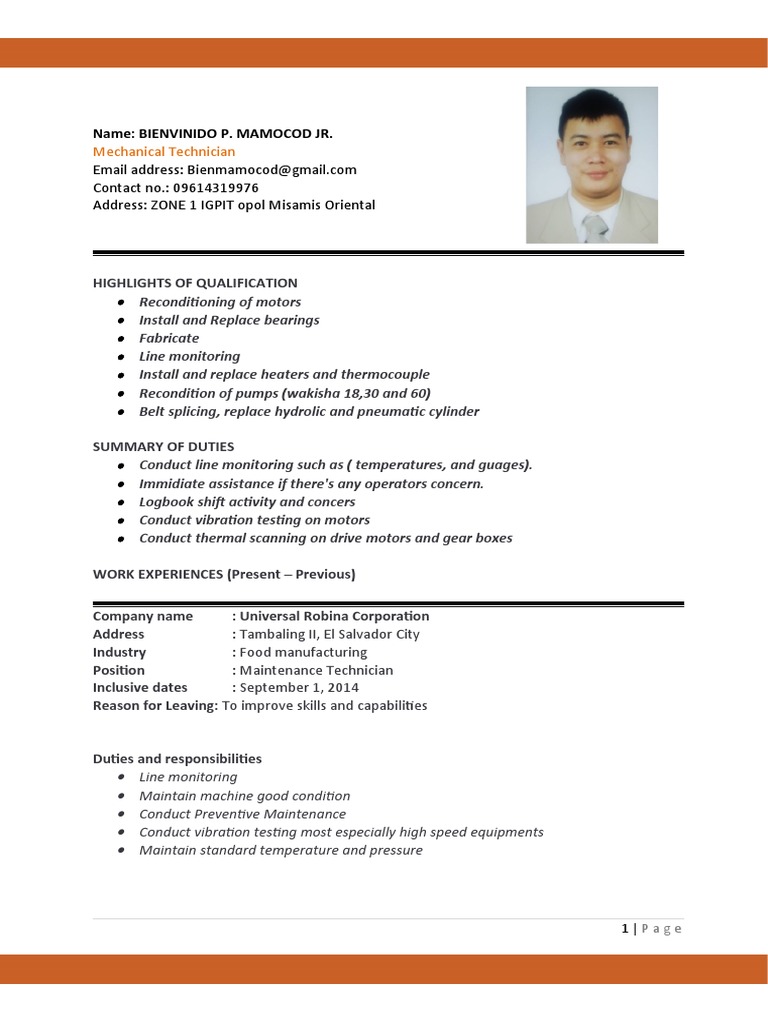 CV Template Mechanical - Technician | PDF | Applied And ...