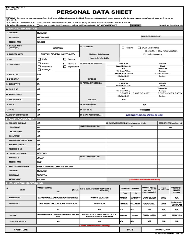 CS Form No. 212 Revised Personal Data Sheet - New | PDF | Government