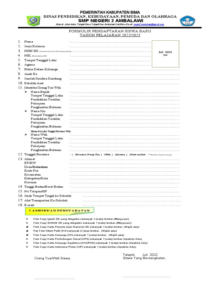 Form Penerimaan Siswa Baru 2022 Pdf