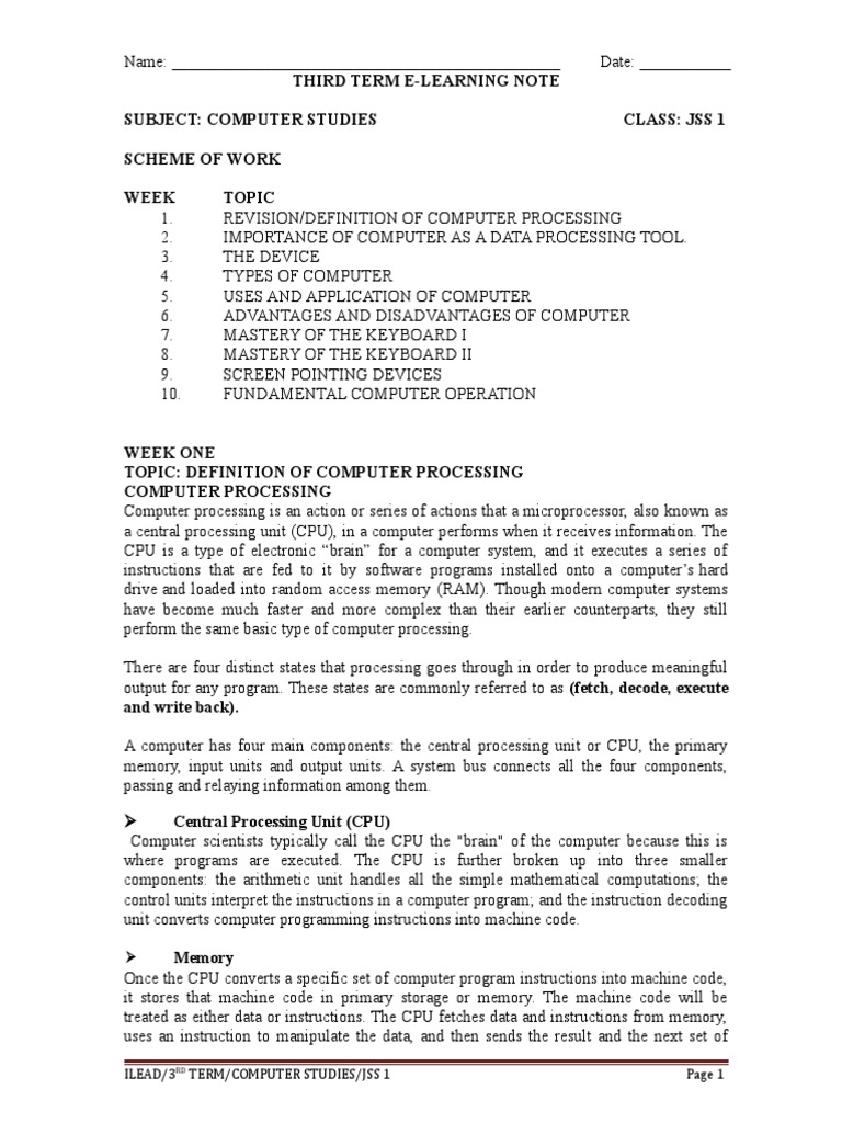 3RD Term J1 Computer Studies | PDF | Computer Data Storage | Central Processing Unit