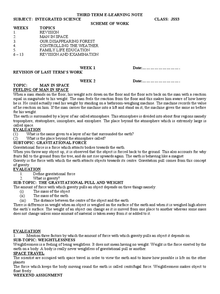 JSS3 3rd Term Basic Science | PDF | Weight | Gravity