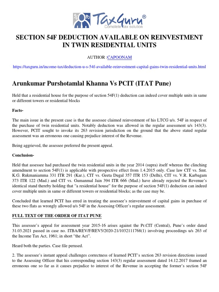 Section 54F Deduction Available On Reinvestment in Twin Residential ...