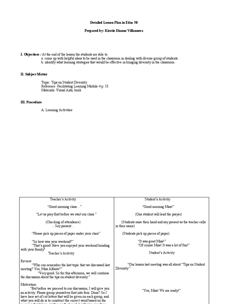 Detailed Lesson Plan in Educ 50 | PDF | Teachers | Learning