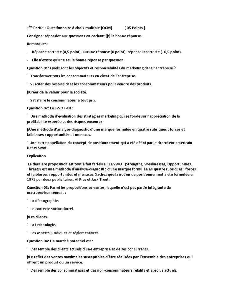 Examen Corrigé Marketing - Questionnaire À Choix Multiple (QCM) | PDF ...
