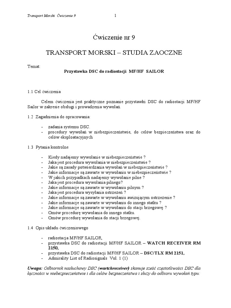 Ćwiczenie NR 9 - MF DSC SAILOR - Skrypt | PDF