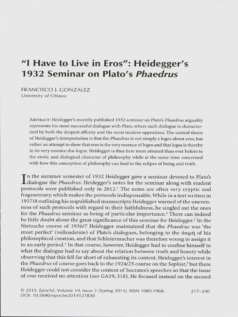 I Have To Live in Eros Heidegger's SEMINAR ON PLATO | PDF | Plato ...