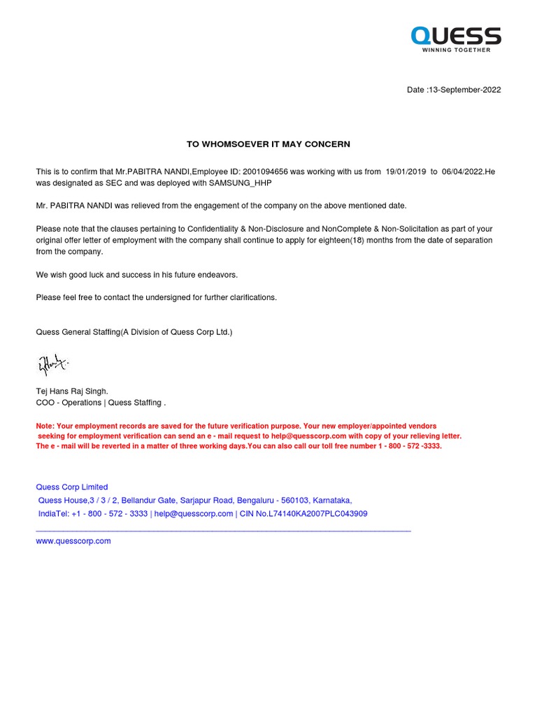 Relieving Letter | PDF