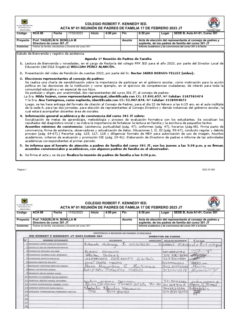 Colegio Robert F. Kennedy Ied. Acta #01 Reunión de Padres de Familia 17 de Febrero 2023 JT | PDF ...